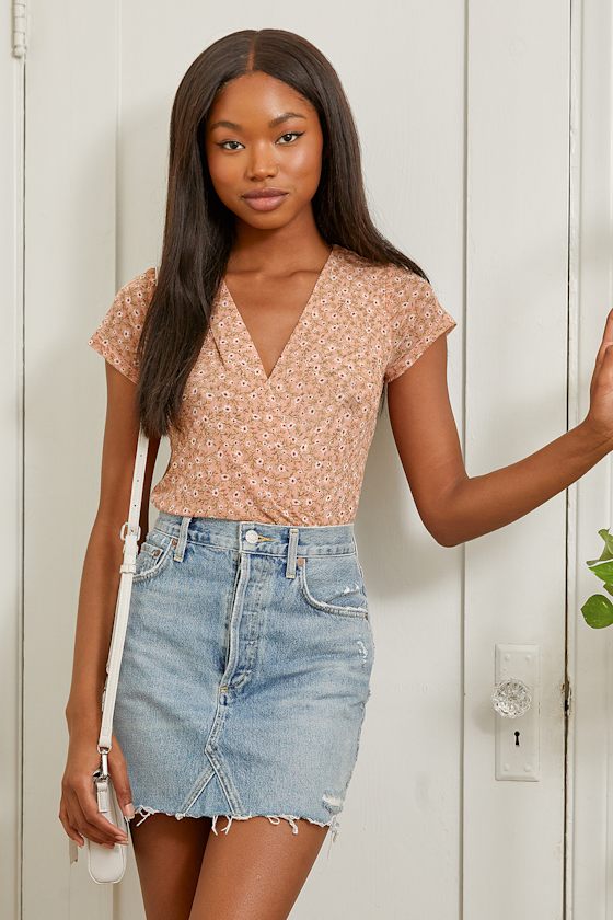 Blush Floral Print Top - Short Sleeve Bodysuit - Mesh Bodysuit - Lulus
