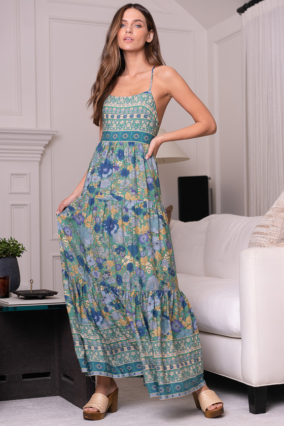 Green Multi Floral Print Dress Floral Maxi Dress Tiered Maxi Lulus