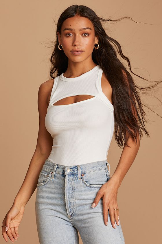 White Ribbed Bodysuit - Cutout Bodysuit - Sleeveless Bodysuit - Lulus