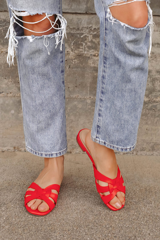 Cute Red Sandals - Faux Leather Sandals - Slide Sandals - Flats - Lulus