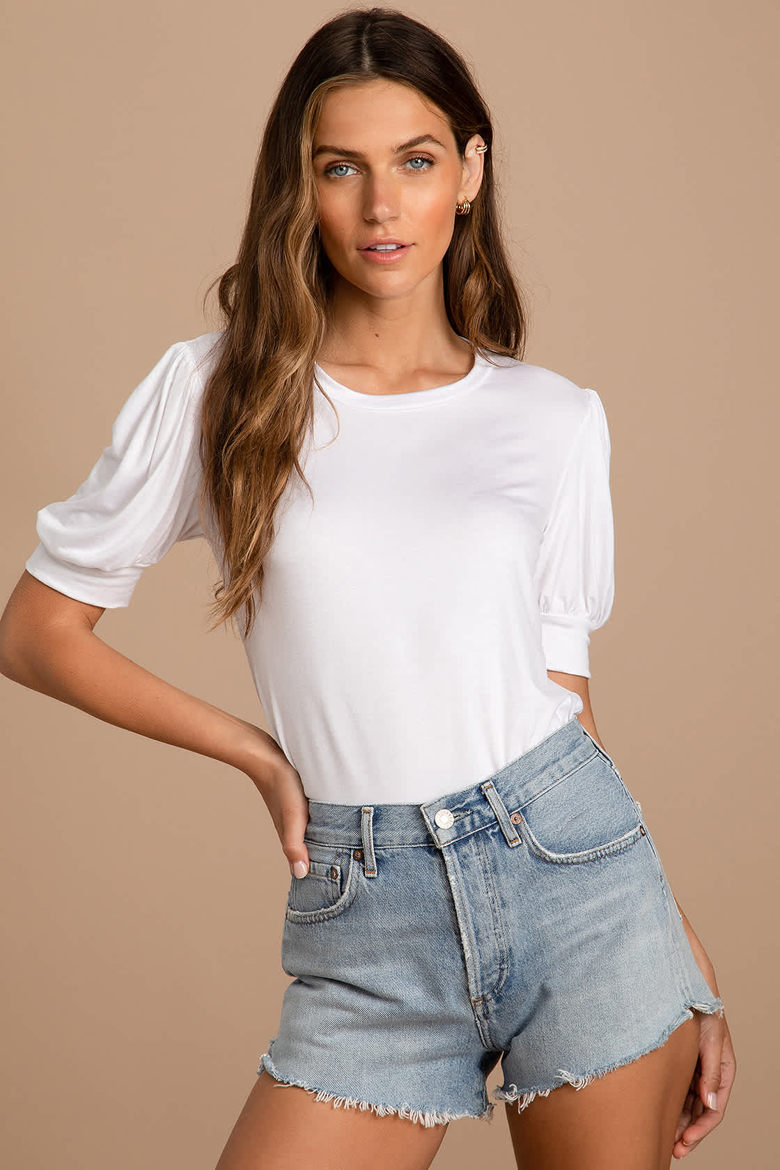 White Top - Short Sleeve Top - Puff Sleeve Top - Jersey Knit Top - Lulus