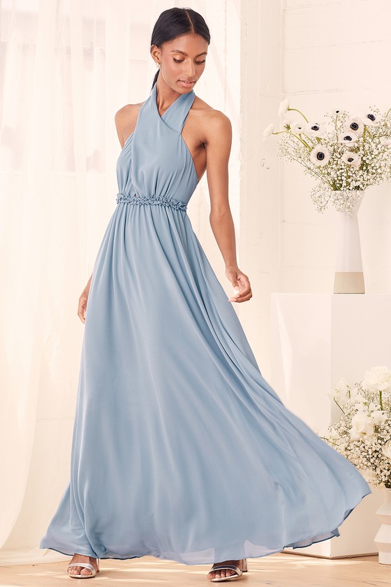 Slate Blue Dress Halter Neck Dress Chiffon Maxi Dress Lulus