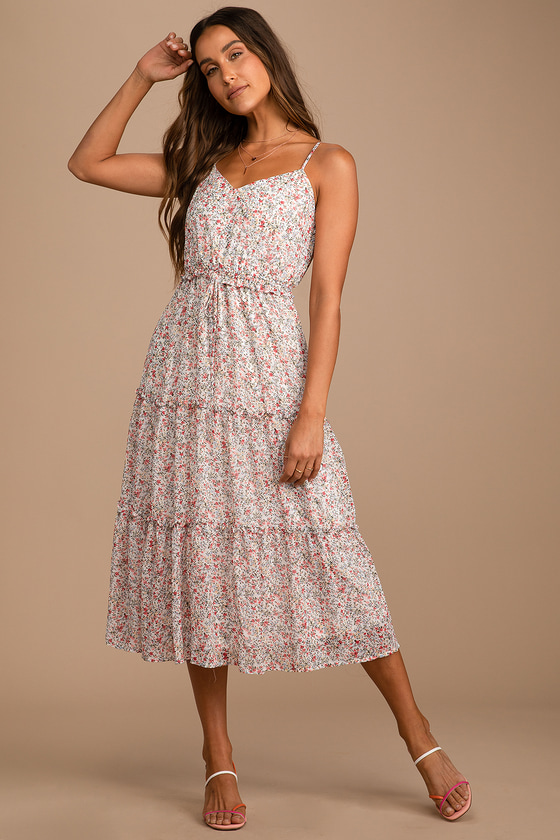 Cream Floral Midi Dress Tiered Midi Dress Sleeveless Dress Lulus