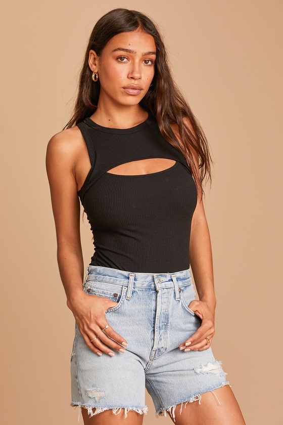 Black Ribbed Bodysuit Cutout Bodysuit Sleeveless Bodysuit Lulus