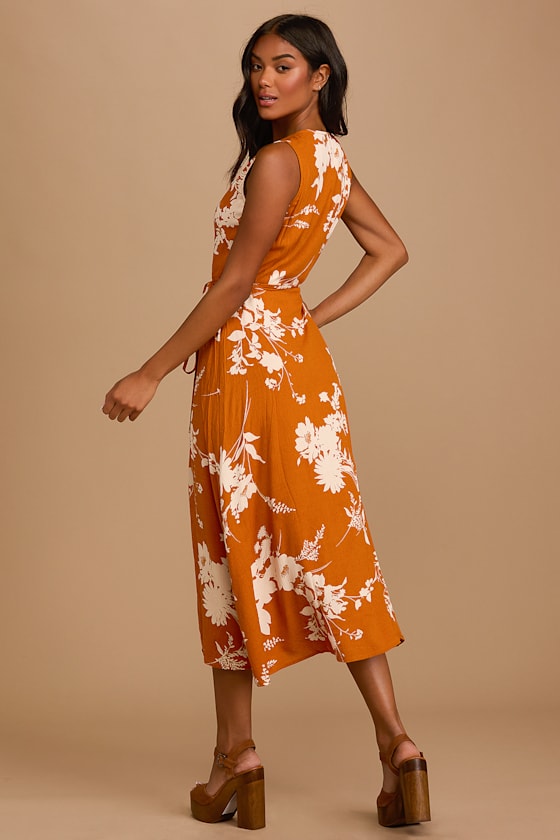 Rust Orange Midi Dress - Midi Wrap Dress - Sleeveless Dress - Lulus