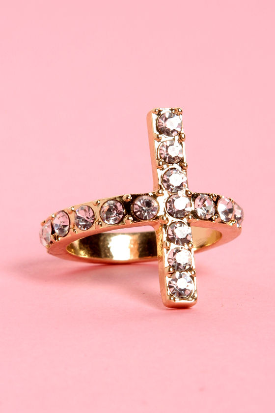 Cute Gold Ring - Cross Ring - Rhinestone Ring - $11.00 - Lulus