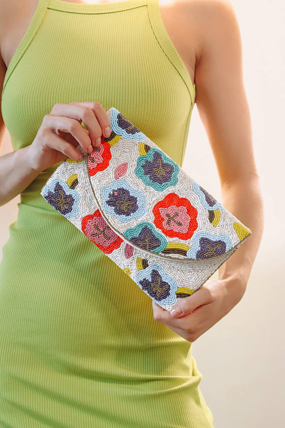Colorful Beaded Clutch - Floral Print Clutch - Seed Bead Clutch - Lulus