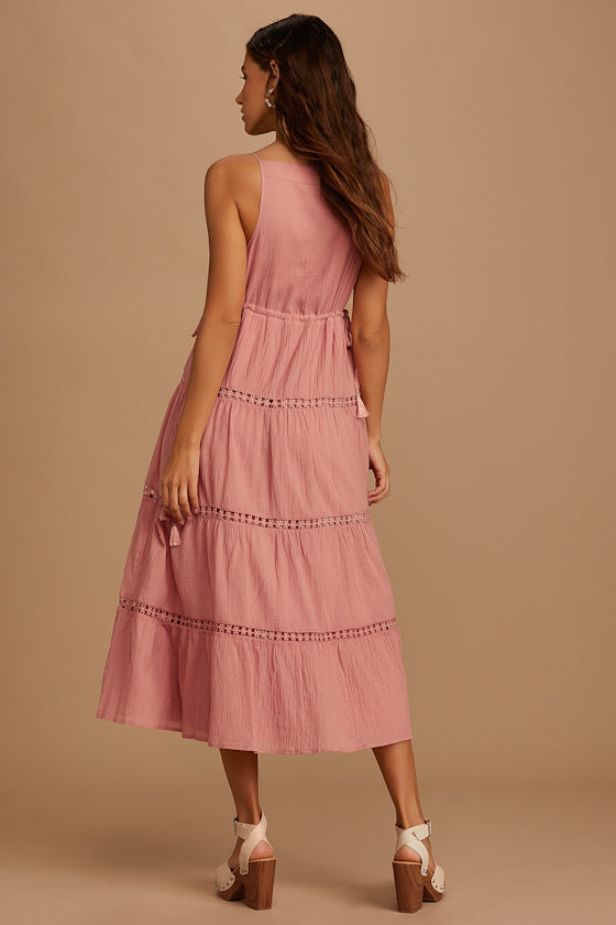 Rose Pink Midi Dress - Lace Tiered Dress - Sleeveless Midi Dress - Lulus