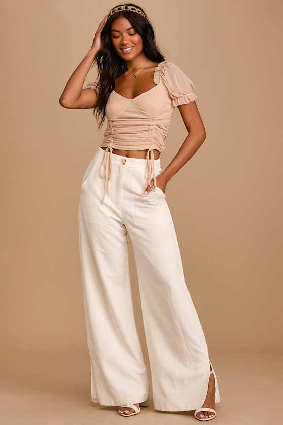 Beige Ruffled Mesh Top - Ruched Short Sleeve Top - Women's Tops - Lulus