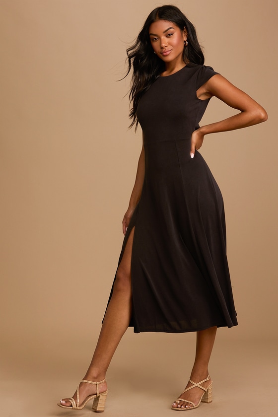 Black Cap Sleeve Dress Short Sleeve Dress Cutout Midi Dress Lulus