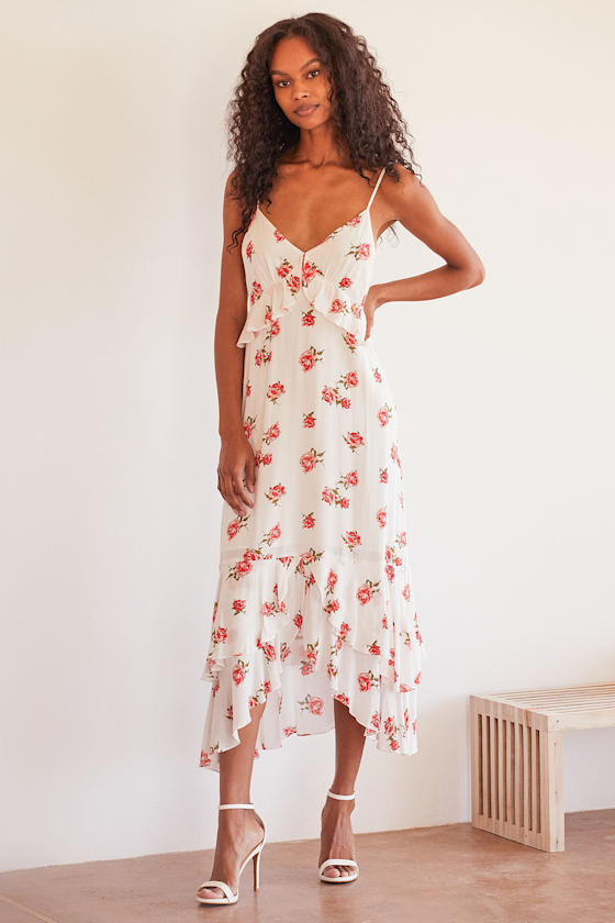 White Floral Print Dress High Low Midi Dress Ruffled Midi Lulus