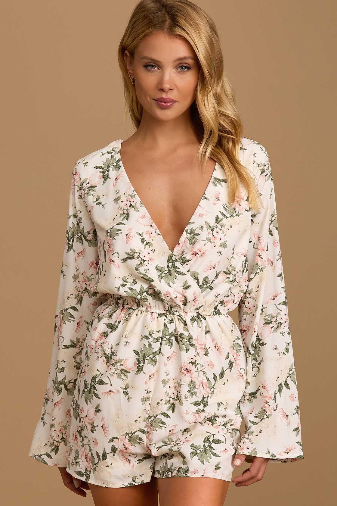 White Floral Print Romper - Bell Sleeve Romper - Surplice Romper - Lulus