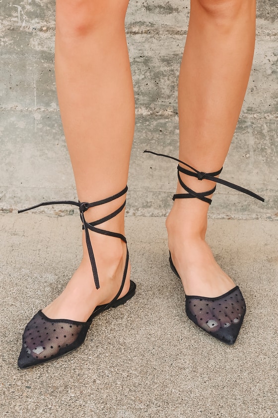 Black Flats Mesh Flats Lace Up Flats Pointed Toe Flats Lulus