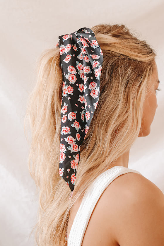Black Ponytail Holder - Floral Print Hair Scarf - Scrunchie Scarf - Lulus