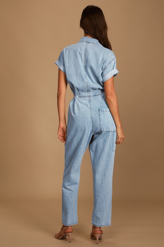 Grover Light Wash Denim Short Sleeve Utility Jumpsuit Lulus