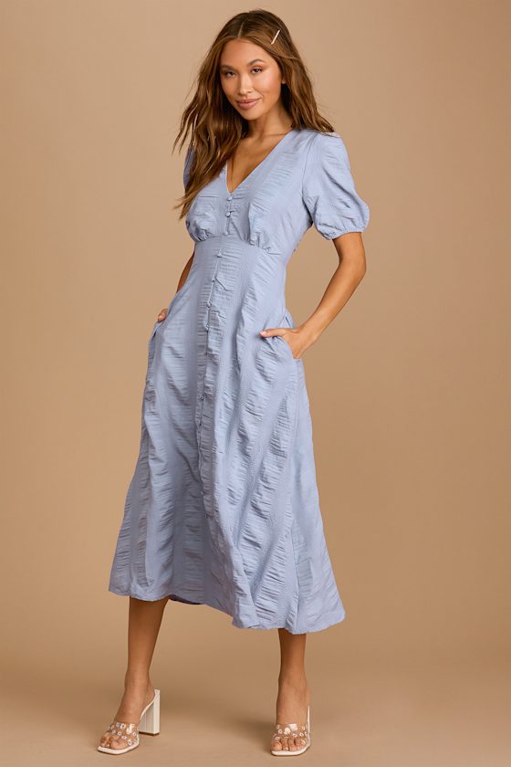 Blue Puff Sleeve Dress - Midi Dress - Button-Up Dress - Lulus