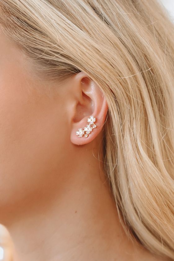 White Earrings - Flower Earrings - Floral Ear Crawlers - Lulus