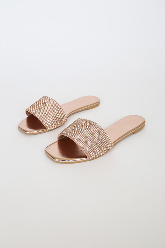 Rose Gold Slide Sandals - Rhinestone Sandals - Women's Sandals - Lulus