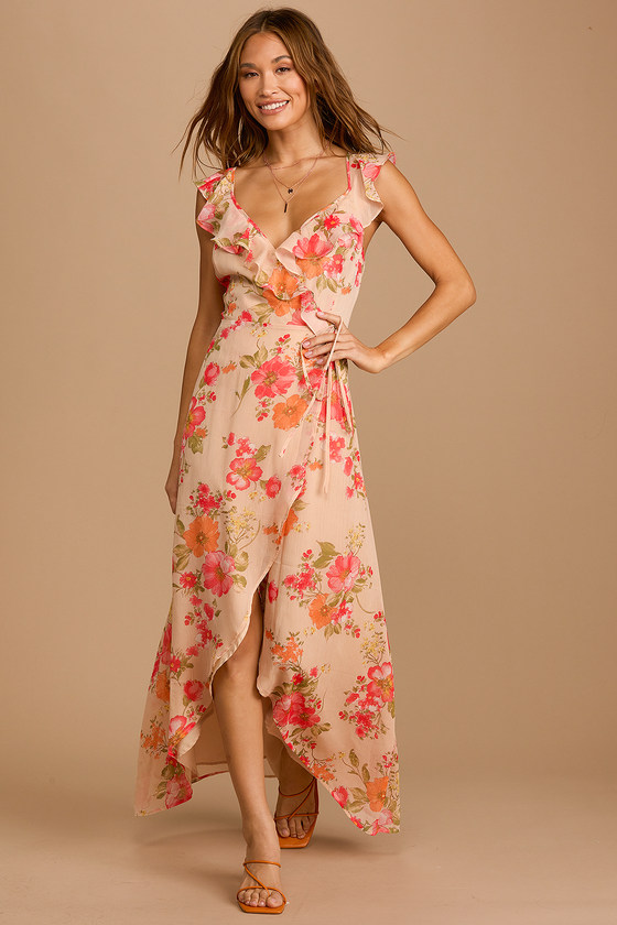 Beige Floral Print Dress Ruffled Maxi Dress Maxi Wrap Dress Lulus