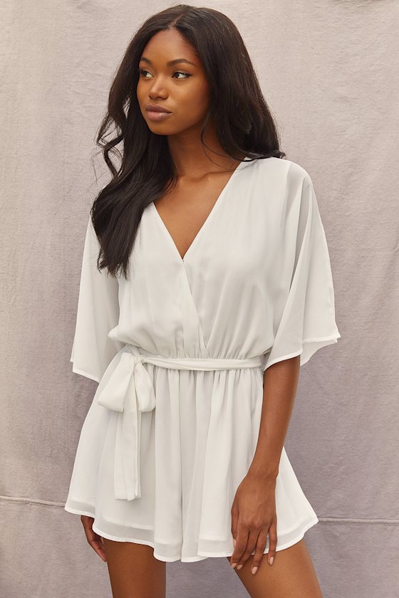 Chic White Romper - Wide Sleeve Romper - Surplice Romper - Lulus