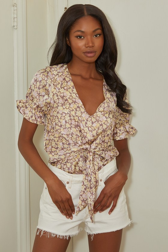 Purple Floral Bodysuit Tie Front Bodysuit Short Sleeve Top Lulus