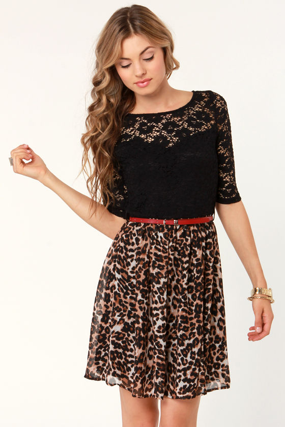 Darling Lace Dress - Leopard Print Dress - Short Sleeve Dress - $44.00 ...