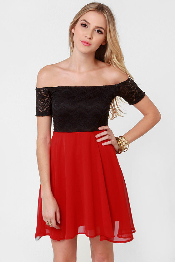 Cute Off-the-Shoulder Dress - Red Dress - Black Dress - Lace Dress ...