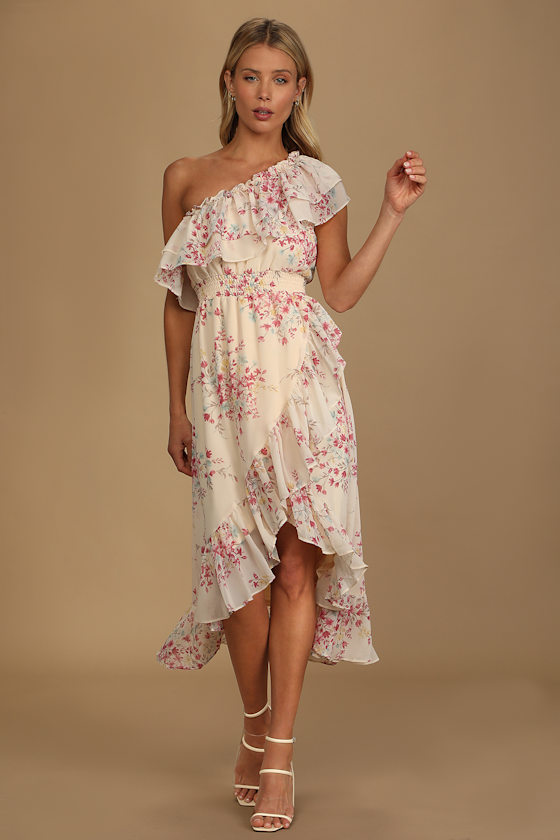 Cream Floral Dress - One-Shoulder Dress - Chic Ruffled Midi Dress - Lulus