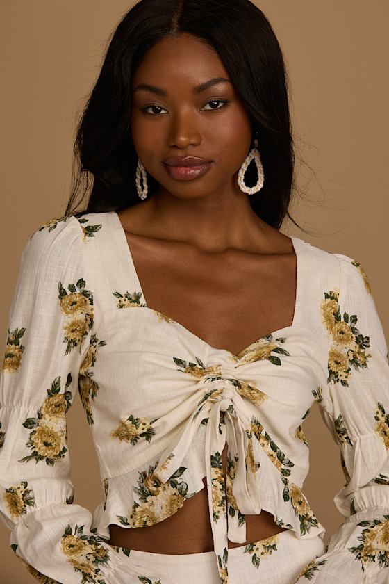 White Top - Floral Print Top - Long Sleeve Top - Ruched Top - Lulus