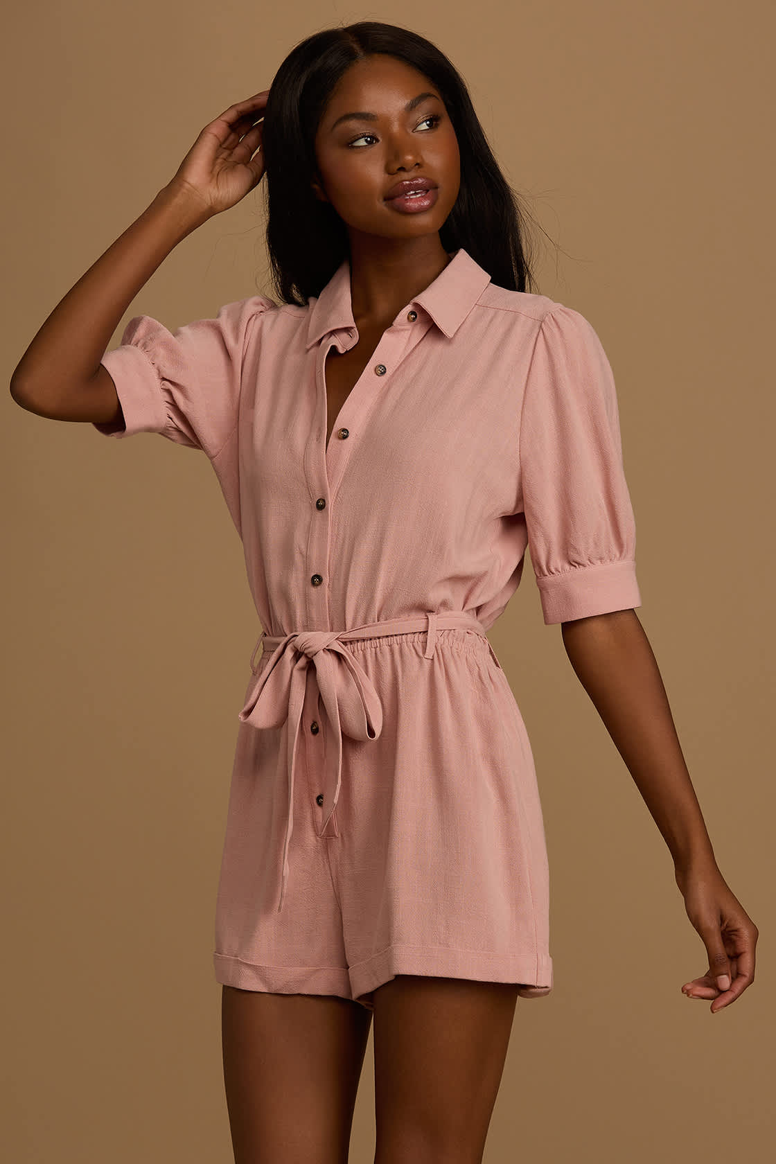 Blush Romper - Linen Romper - Button-Up Romper - Pink Romper - Lulus