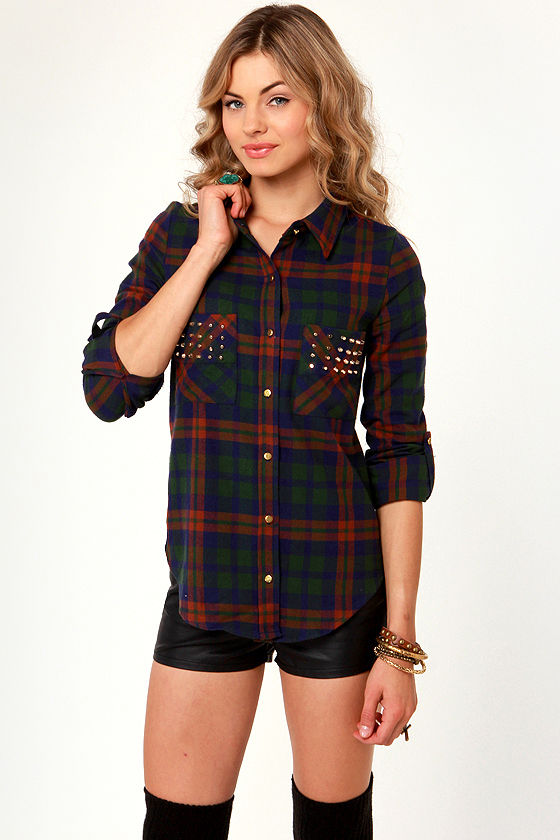Cute Flannel Top - Plaid Top - Studded Top - $42.00 - Lulus