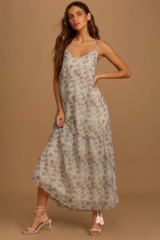 Grey Maxi Dress - Floral Print Dress - Tiered Dress - Lulus