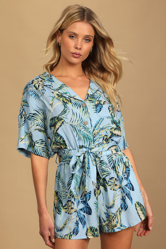 Leaf Print Romper Blue Printed Romper Woven Romper Lulus