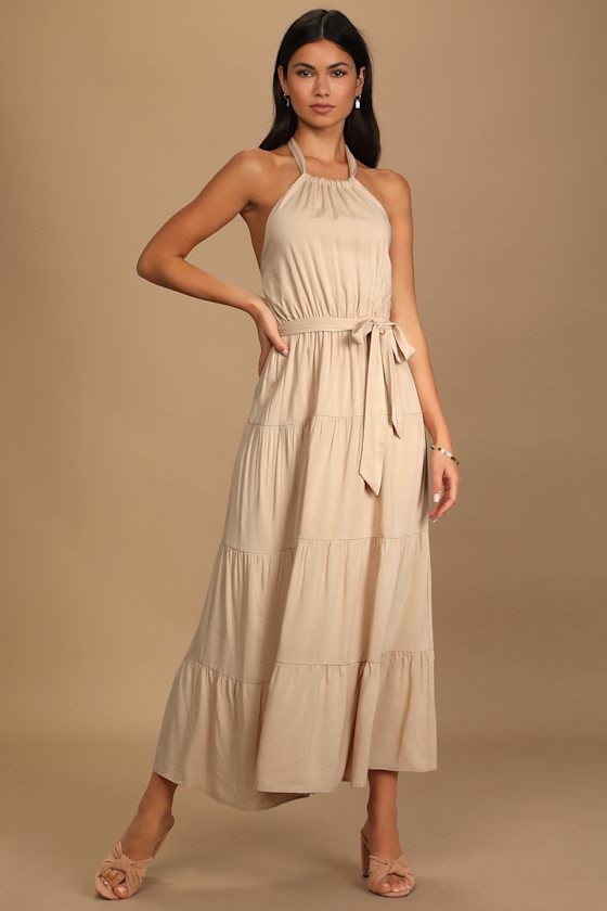 Beige Maxi Dress - Halter Dress - Tiered Dress - Belted Dress - Lulus