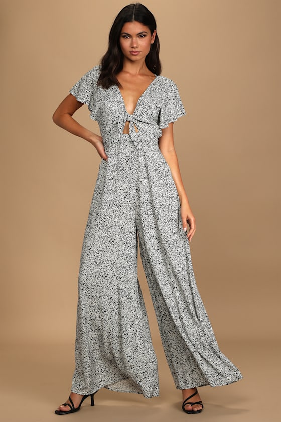 Black Floral Jumpsuit Tie Front Jumpsuit Wide Leg Jumpsuit Lulus