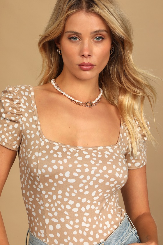Tan And White Dot Top Puff Sleeve Top Square Neck Top Lulus