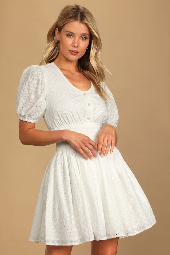 White Eyelet Dress - Cotton Mini Dress - Puff Sleeve Dress - Lulus