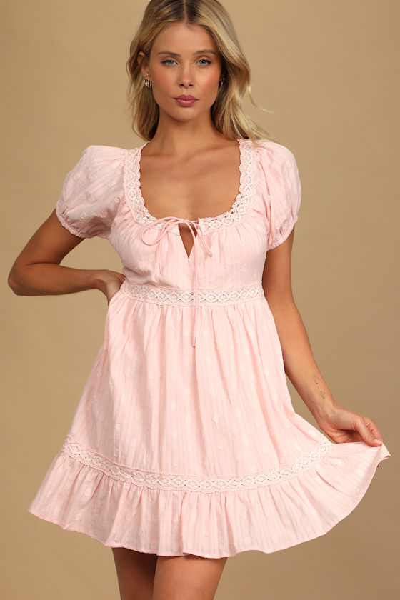Blush Pink Dress - Dotted Dress - Short Sleeve Dress - Mini Dress - Lulus