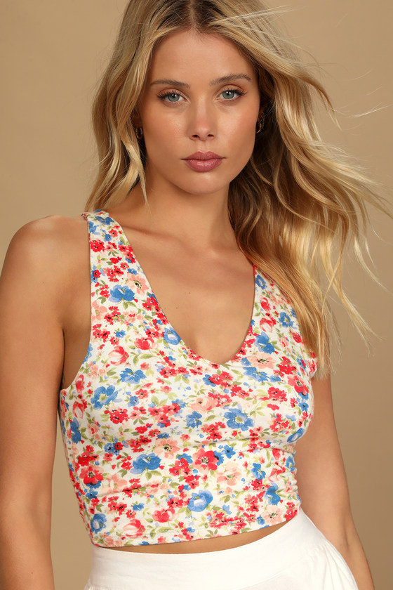 Ivory Floral Top Sleeveless Crop Top V Neck Top Tank Top Lulus