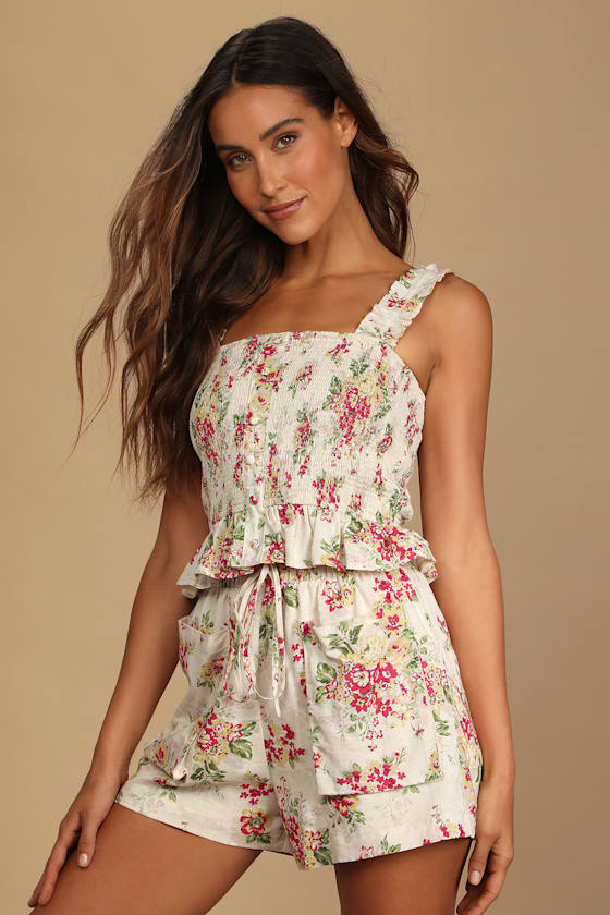 Beige Floral Print Tank Top - Smocked Tank Top - Women's Tops - Lulus