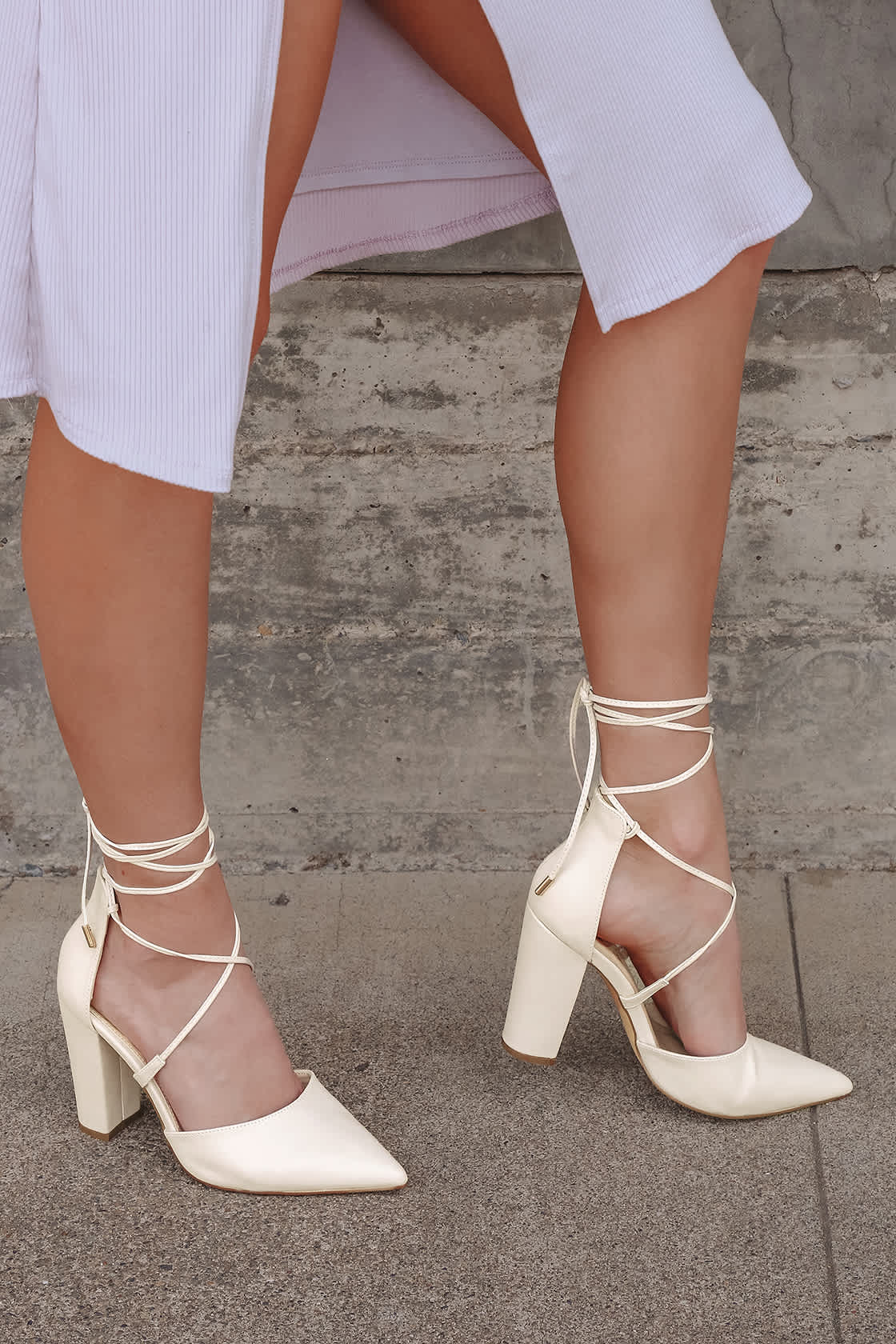 Chic Lace-Up Heels - Faux Leather Heels - Bone Color Heels - Lulus