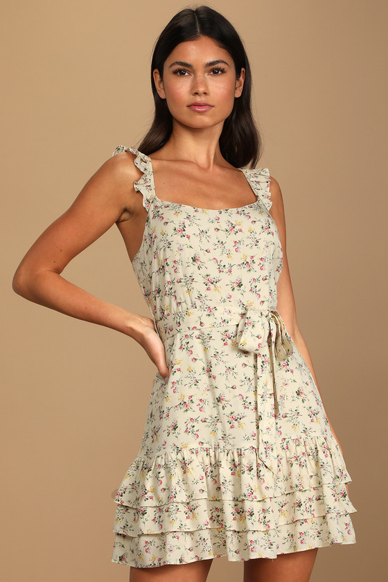 Cream Mini Dress Floral Print Dress Ruffled Mini Dress Lulus