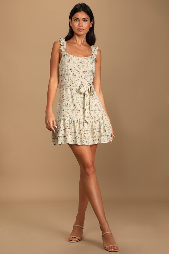 Cream Mini Dress - Floral Print Dress - Ruffled Mini Dress - Lulus