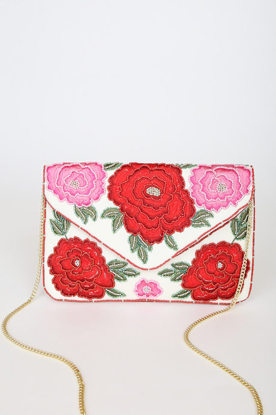 White Beaded Clutch - Floral Embroidered Clutch - Envelope Clutch - Lulus