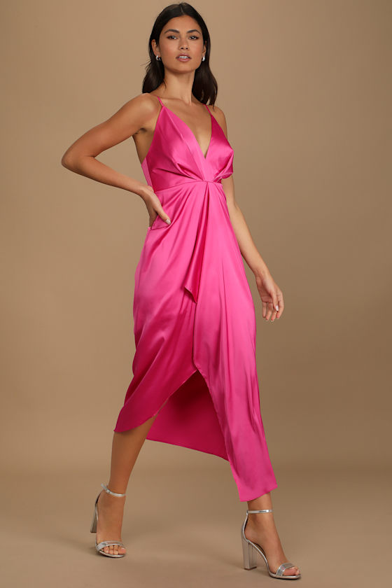 Hot Pink Midi Dress - Satin Midi Dress - Ruffled Midi Dress - Lulus
