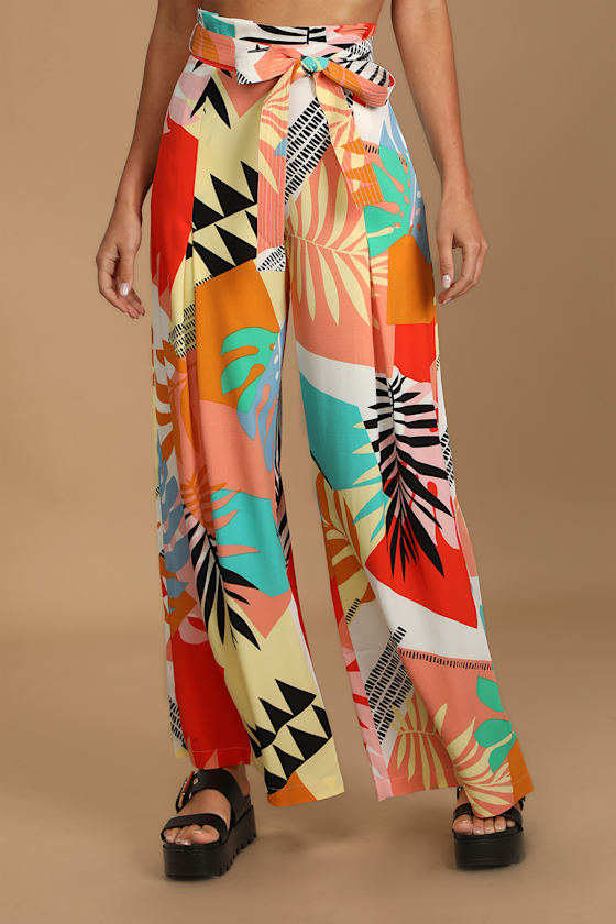 Multi Print Pants - Tropical Print Pants - Paperbag Waist Pants - Lulus