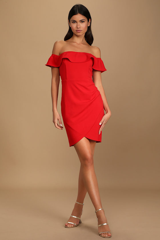 Red Mini Dress - Off-the-Shoulder Dress - Ruffled Bodycon Dress - Lulus