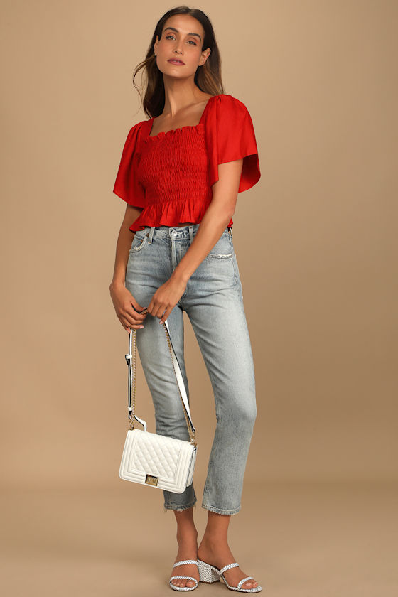Smocked Red Top - Butterfly Sleeve Top - Ruffled Top - Lulus