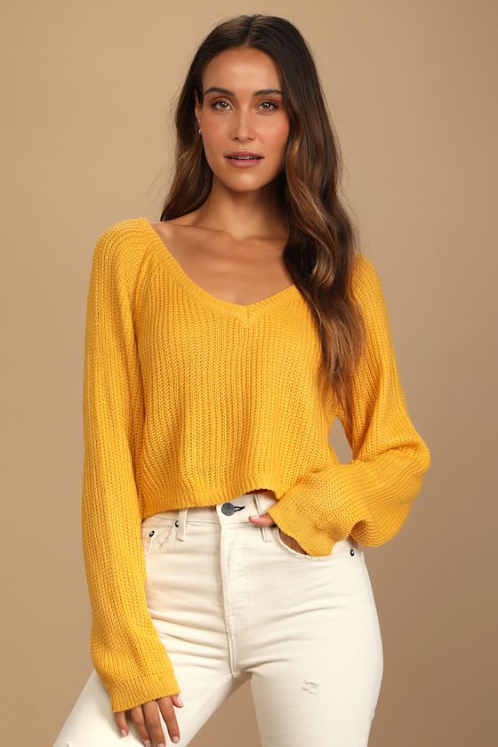 Mustard Yellow Sweater - Cropped Sweater - V-Neck Sweater Top - Lulus