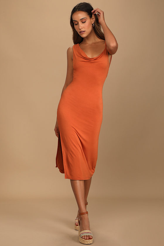 Orange Midi Dress - Asymmetrical Midi Dress - Cowl Neck Dress - Lulus